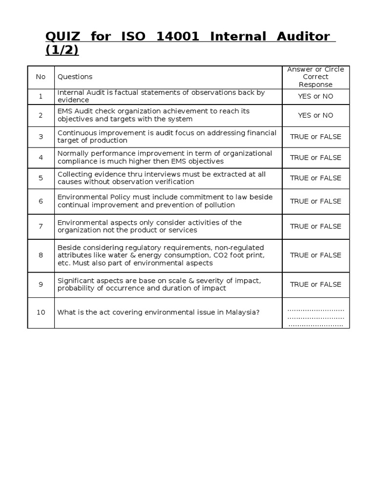 QUIZ For ISO 14001 Internal Auditor PDF | PDF | Audit | Internal Audit