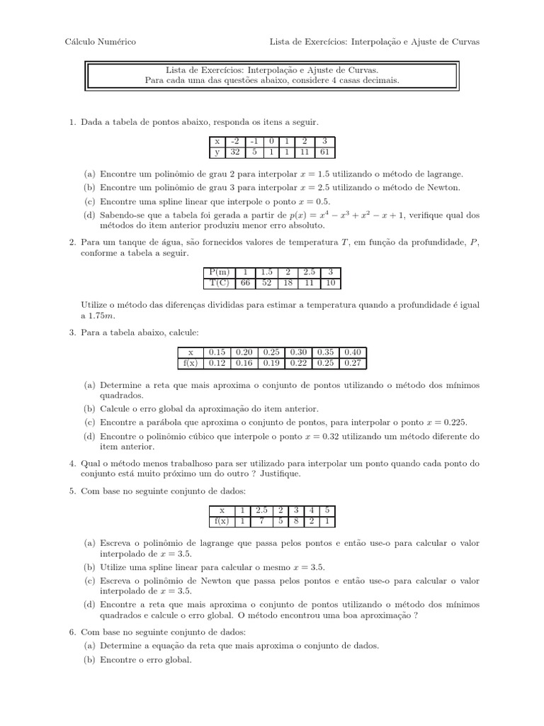 09 Exercicios Interpolacao | PDF | Análise numérica | Cálculo
