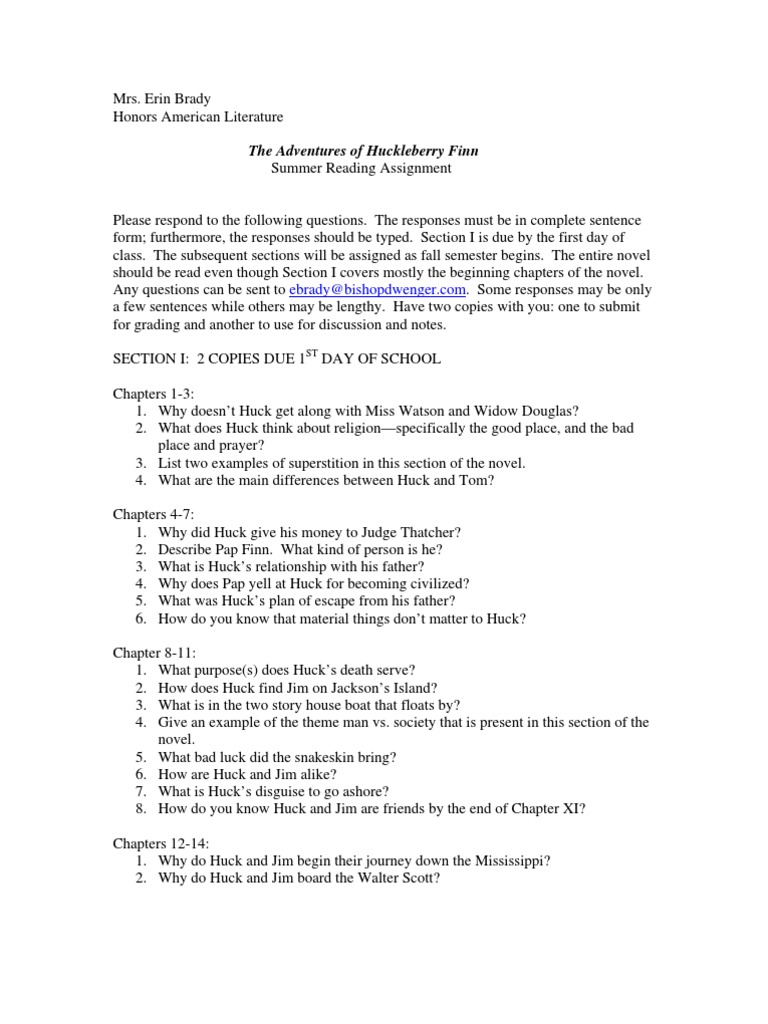 SR Huck Finn Honors Brady | PDF | Huckleberry Finn | Adventures Of ...