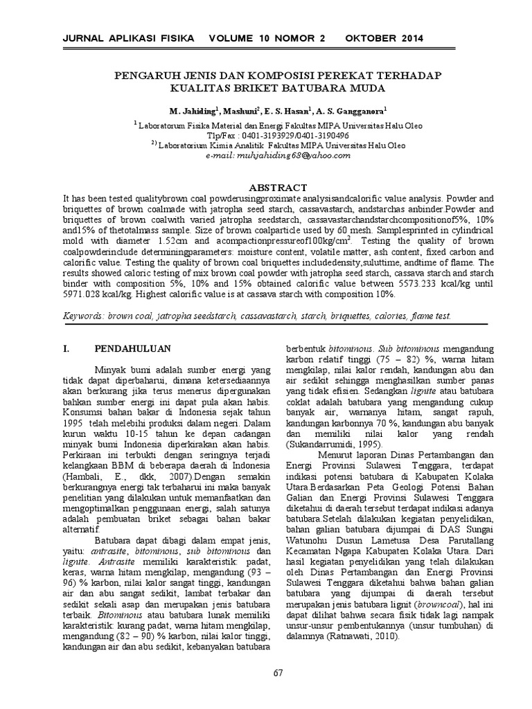 Pengaruh Jenis Dan Komposisi Perekat Terhadap Kualitas Briket Batubara Muda | PDF