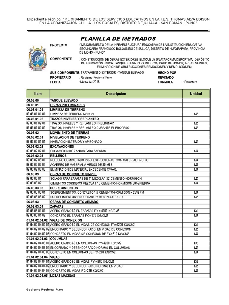 Metrados Bloque 06 Oe - Tanque Elevado | PDF | Ocio