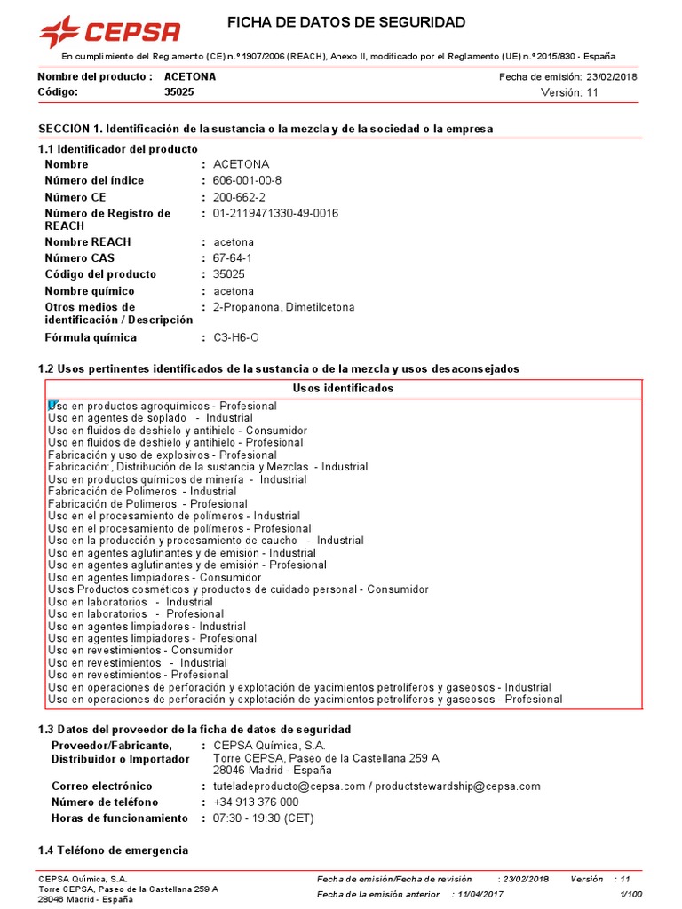 Acetona Ficha de Seguridad Cepsa PDF | PDF | Guante | Agua