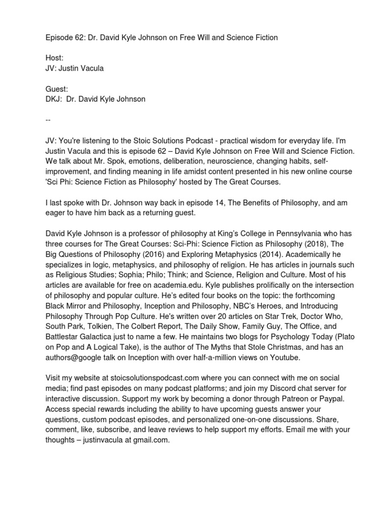 Episode 62: Dr. David Kyle Johnson Transcript | PDF | Free Will | Reason