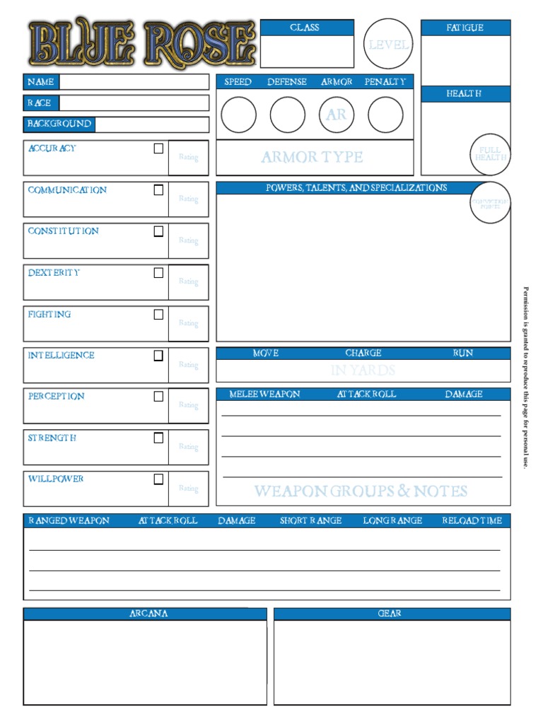 Blue Rose AGE Character Sheet Fillable | PDF | Tabletop Games | Gaming