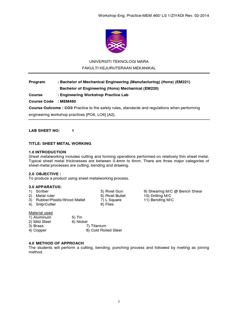 Sheet Metalworking Lab Sheet | PDF | Sheet Metal | Metalworking