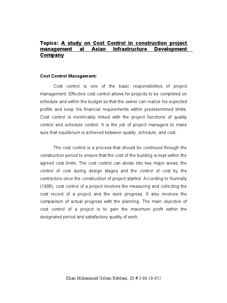 Cost Control in Construction Project Management - Proposal | PDF