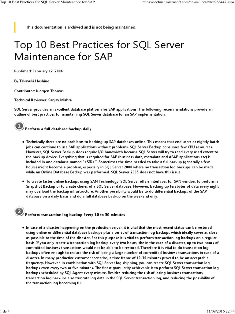 Top 10 Best Practices For SQL Server Maintenance For SAP | PDF | Backup | Databases