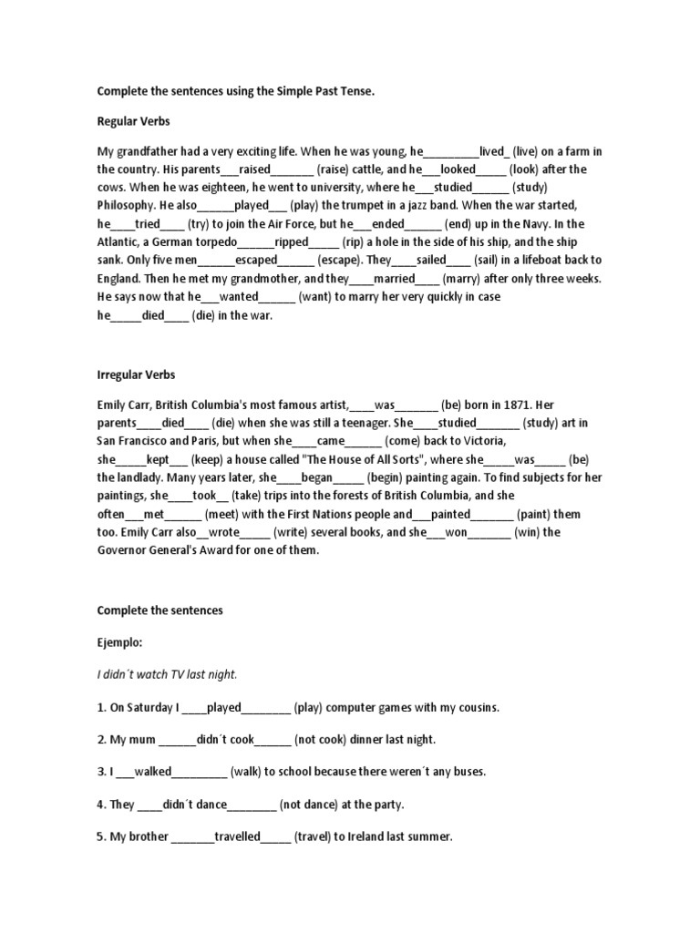 Complete The Sentences Using The Simple Past Tense. Regular Verbs | PDF ...