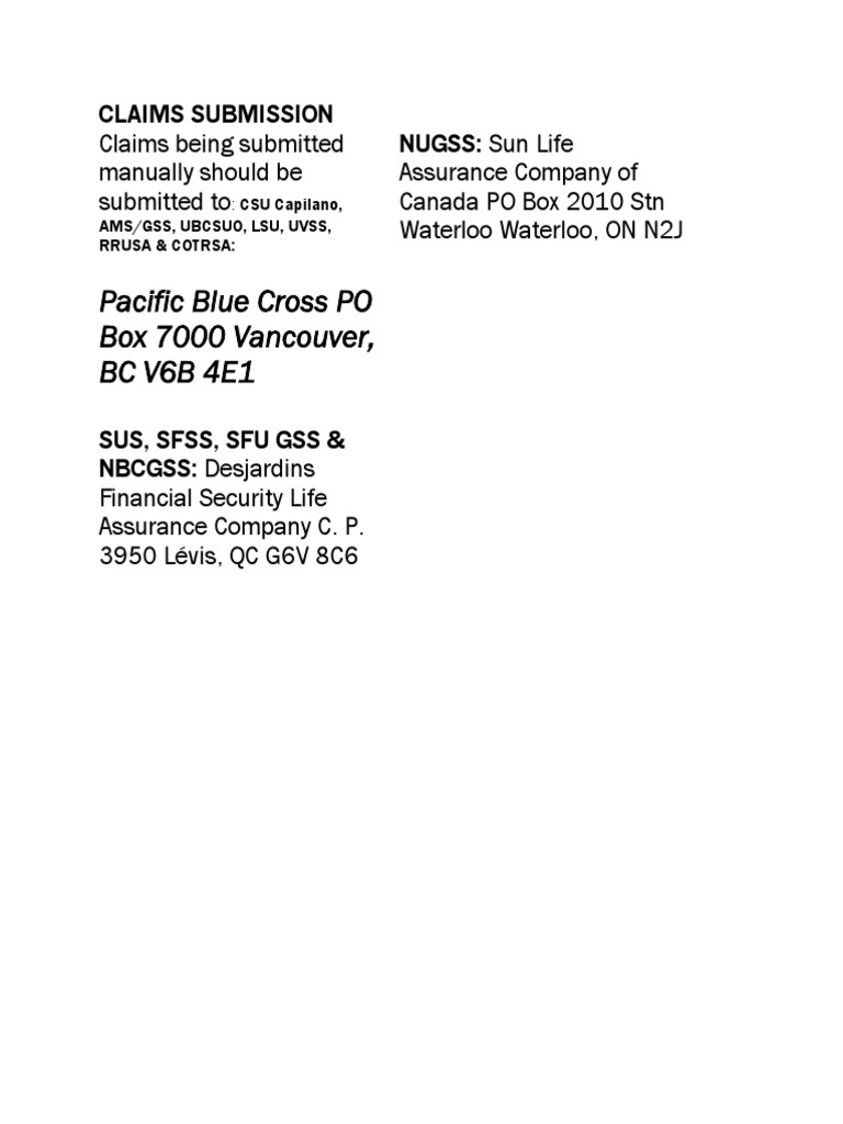 Pacific Blue Cross PO Box 7000 Vancouver, BC V6B 4E1:: CSU Capilano ...