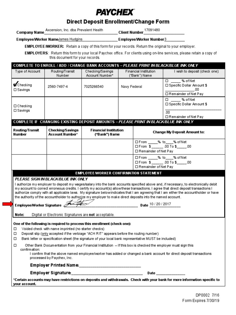 Paychex DD Form | PDF | Cheque | Deposit Account