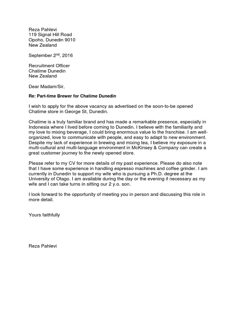 Chatime Dunedin Part-Time Brewer Cover Letter - Reza Pahlevi | PDF