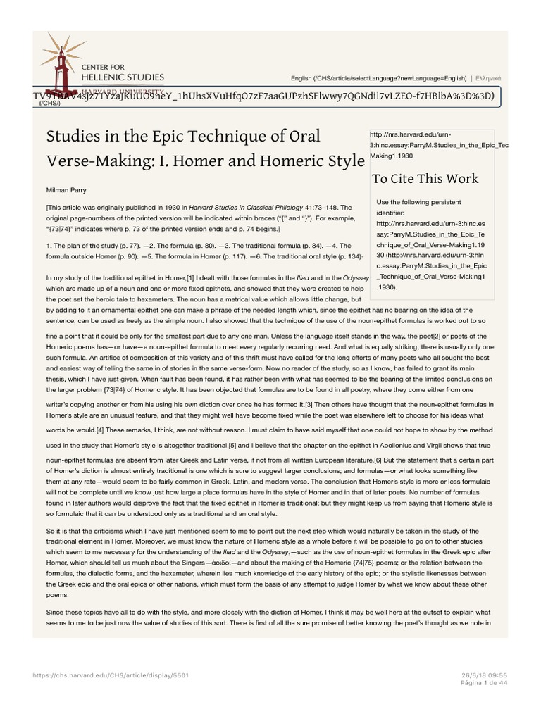 Parry, M. - Studies in The Epic Technique of Oral Verse-Making. I ...