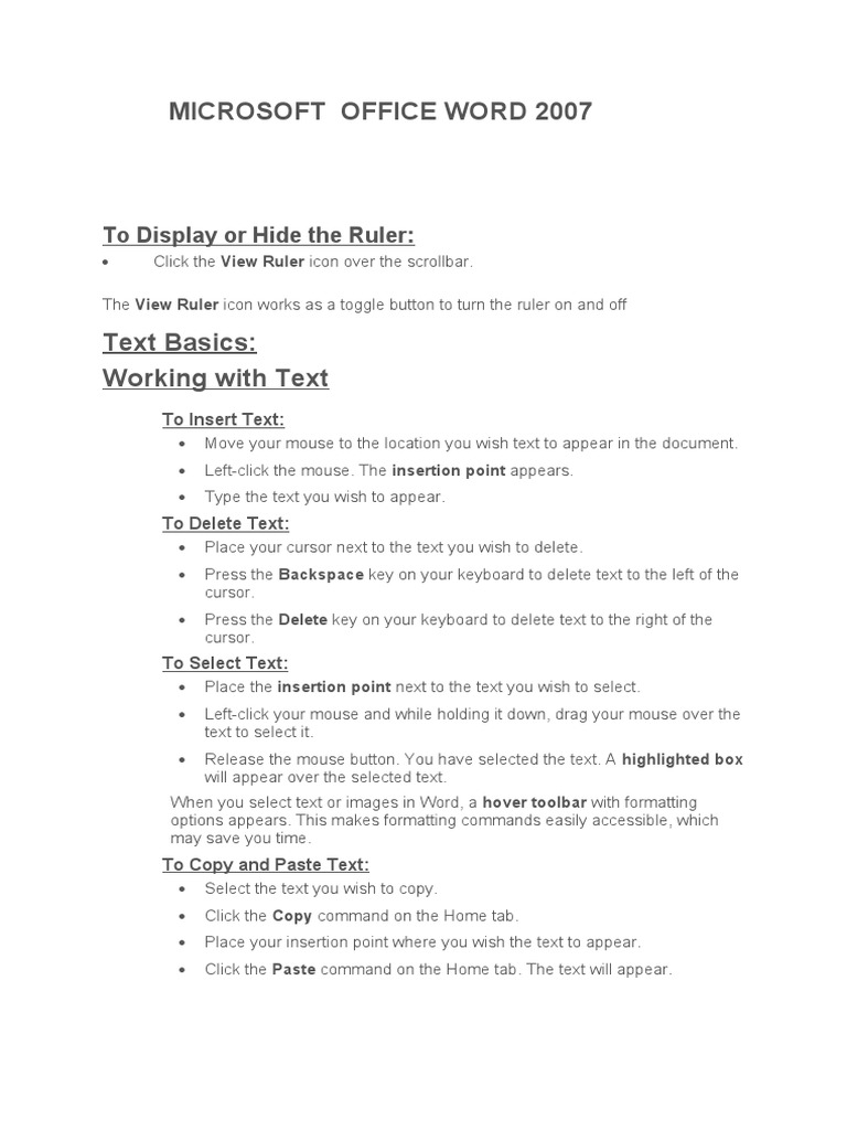 Microsoft Office Word 2007: To Display or Hide The Ruler | PDF | Cursor (User Interface ...