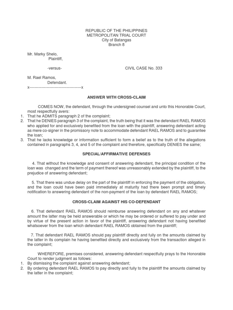 Answer With Cross Claim | PDF | Complaint | Lawsuit