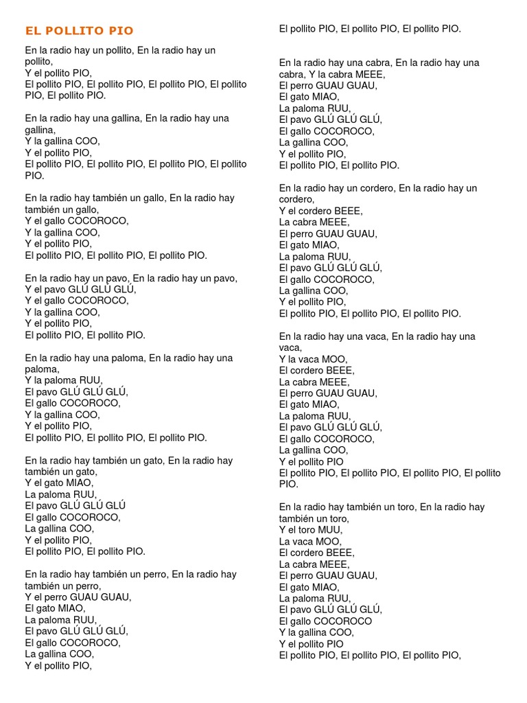 Cancion Del Pollito Pio Espanol