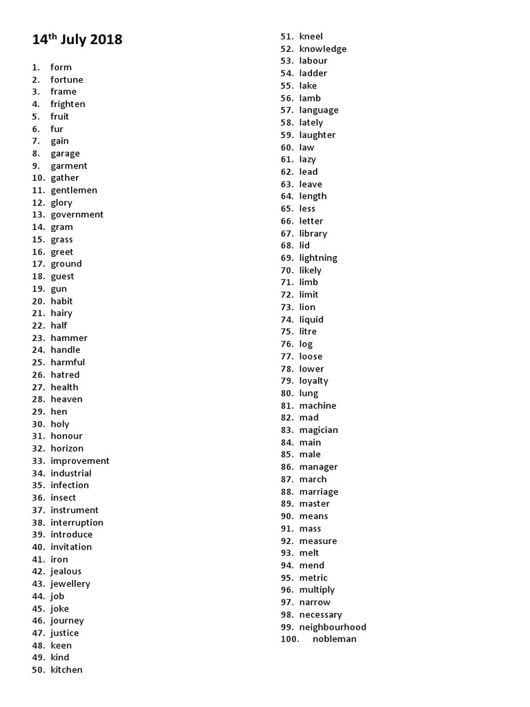 A List of 100 Random English Words | PDF