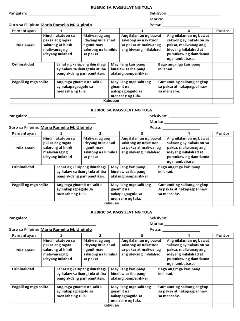 Rubric Sa Pagsusulat NG Tula | PDF