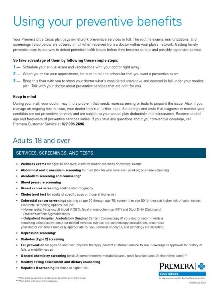 Premera Blue Cross Preventive Benefits Guide | PDF | Preventive ...