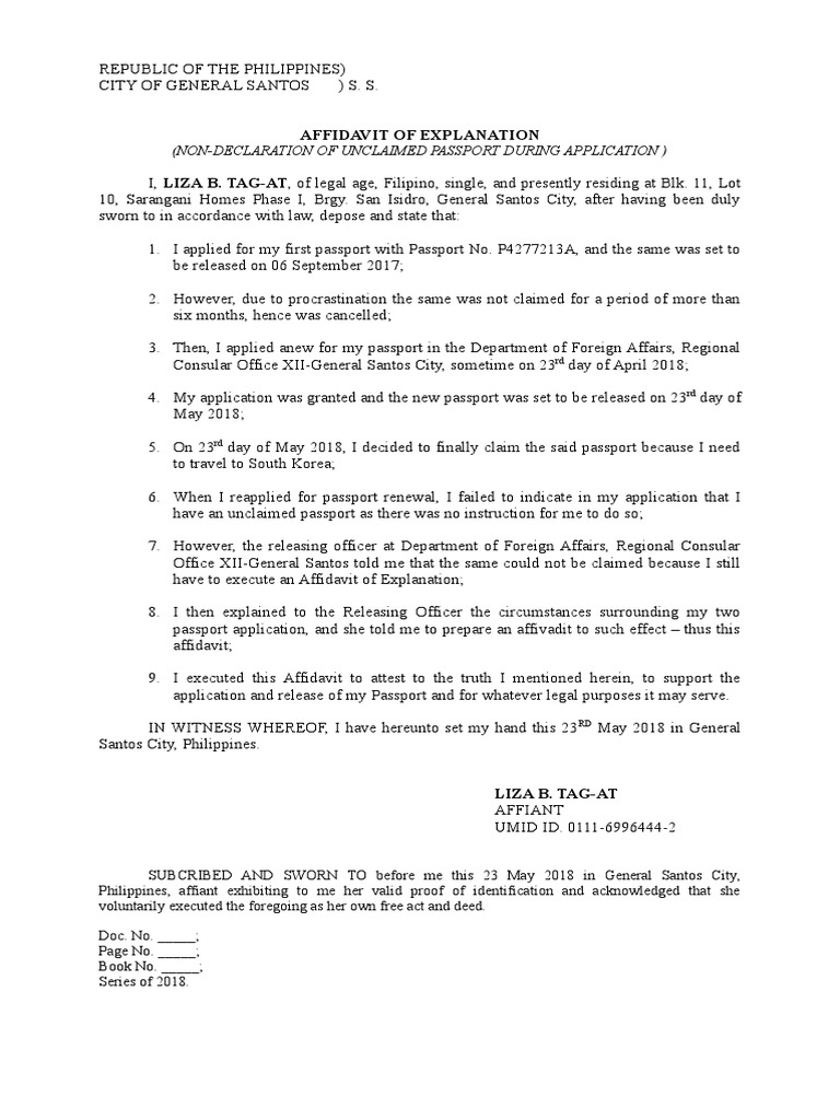 Affidavit Of Explanation: (Non-Declaration Of Unclaimed Passport During ...