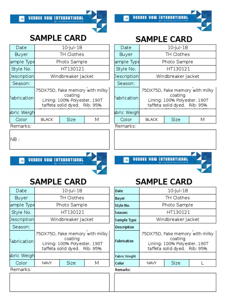 COSTA 2 Sample Card | PDF | Clothing