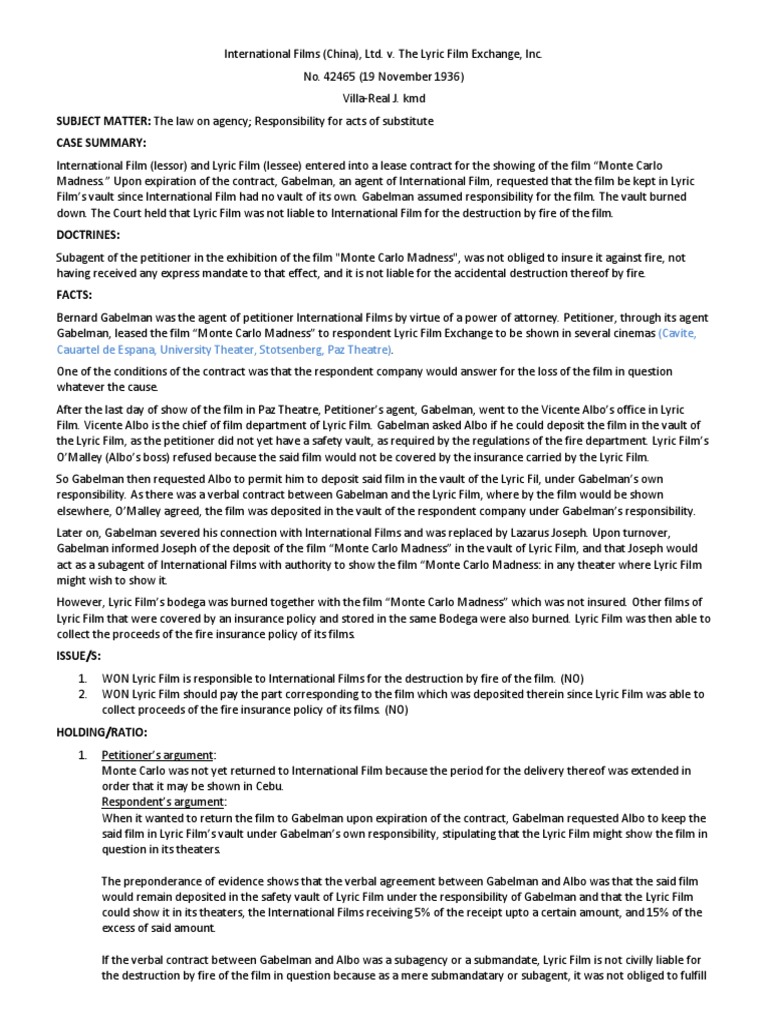 International Films v. Lyric Film - DIGEST | PDF | Lease | Insurance