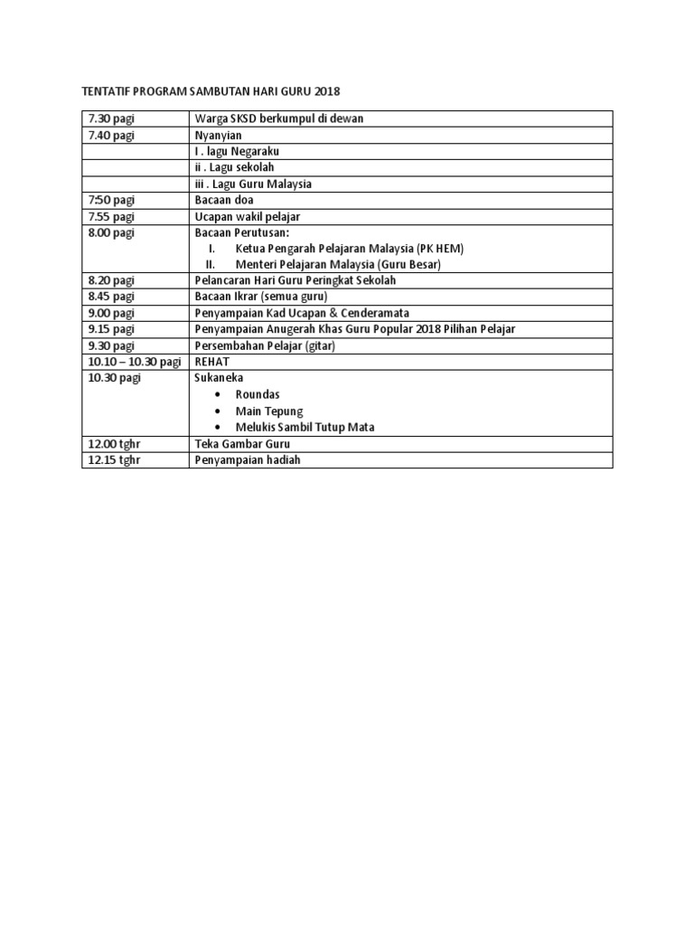 Tentatif Program Sambutan Hari Guru 2018 | PDF