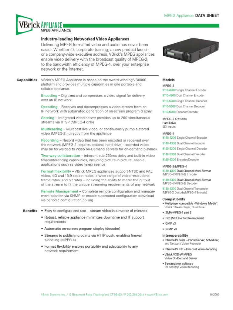 VBrick Datasheet MPEG-Appliance | PDF | Video | Codec