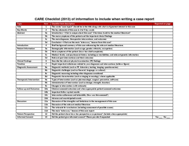 CARE Checklist (2013) of Information To Include When Writing A Case ...