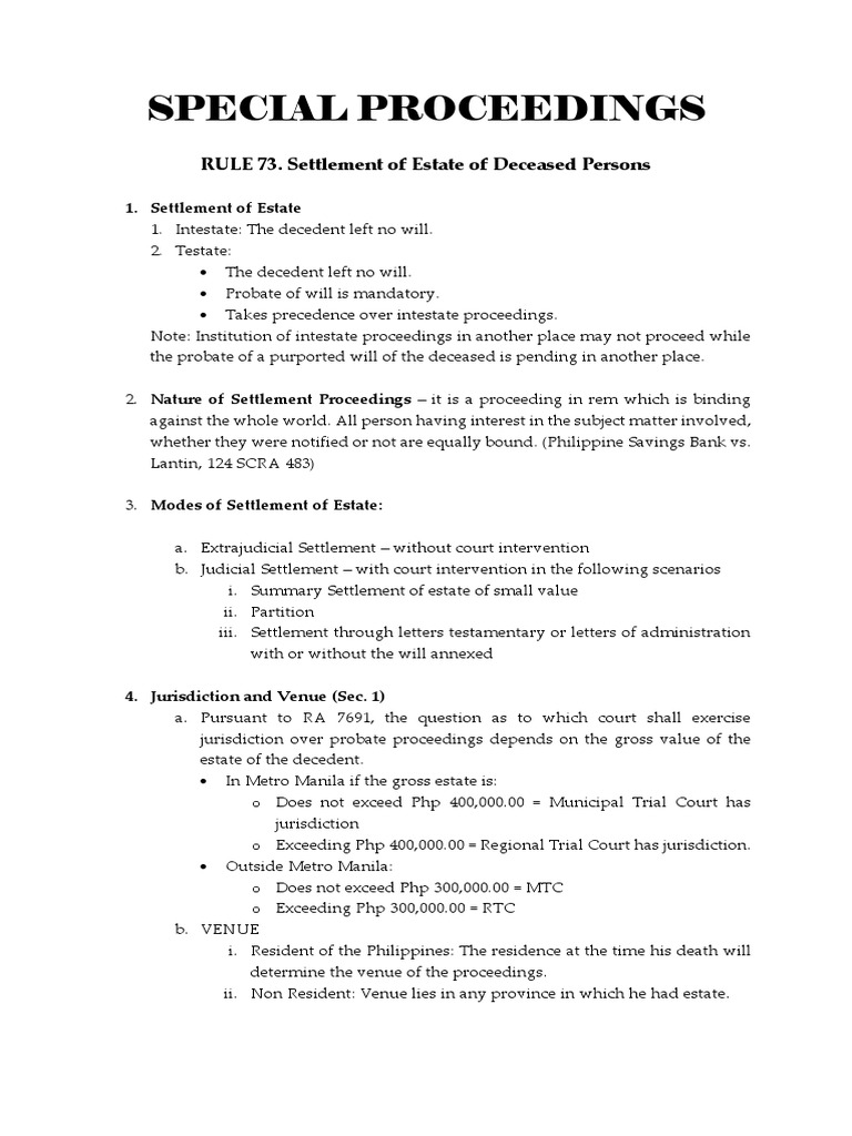 Special Proceedings Settlement | PDF | Intestacy | Probate