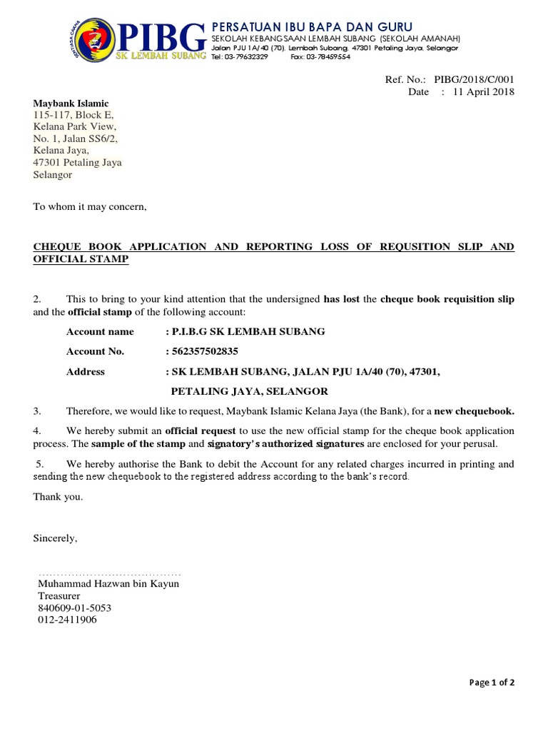 Cheque Book Application and Reporting Loss of Requsition Slip and ...