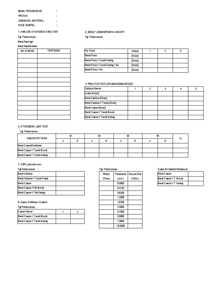 Form Pengujian Lab Tanah | PDF
