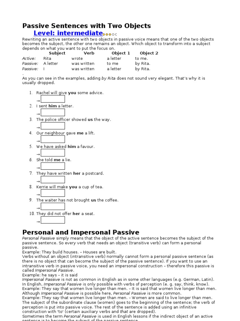 Passive Sentences With Two Objects Level | PDF | Verb | Subject (Grammar)