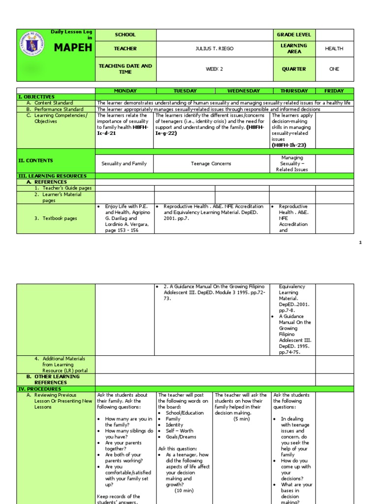 q1 Grade 8 Health Dll Week 2 | Adolescence | Family