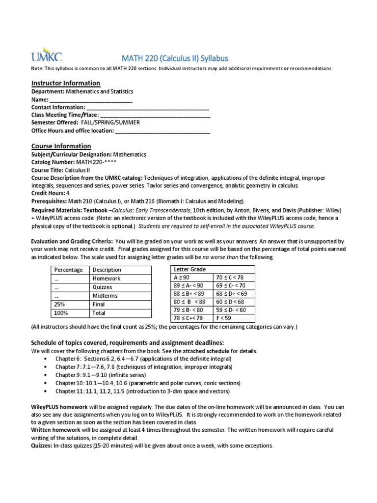 MATH 220 (Calculus II) Syllabus: Instructor Information | PDF | Series ...