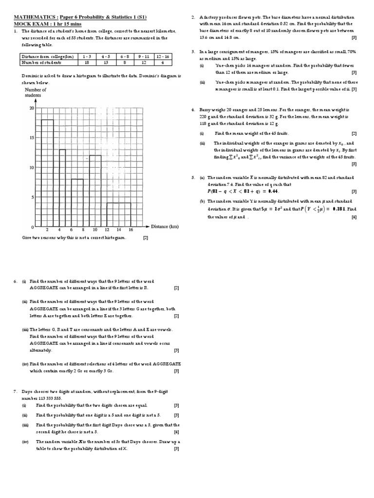 Mathematics: Paper 6 Probability & Statistics 1 (S1) MOCK EXAM: 1 HR 15 ...