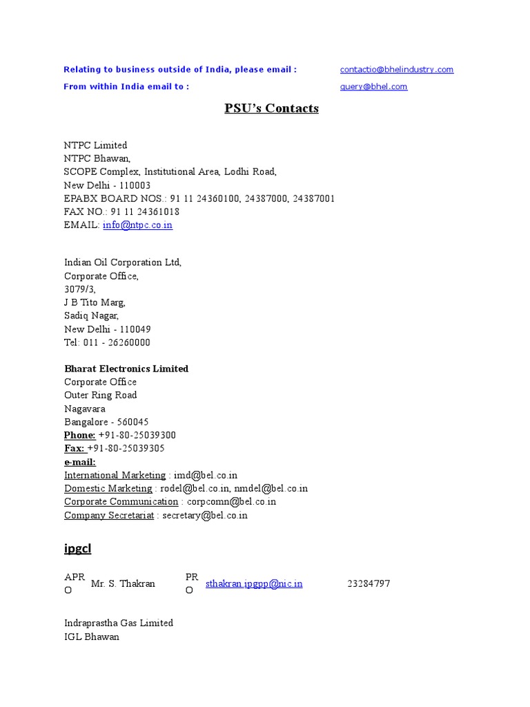 Psu's Contacts | PDF | New Delhi | Government Of India