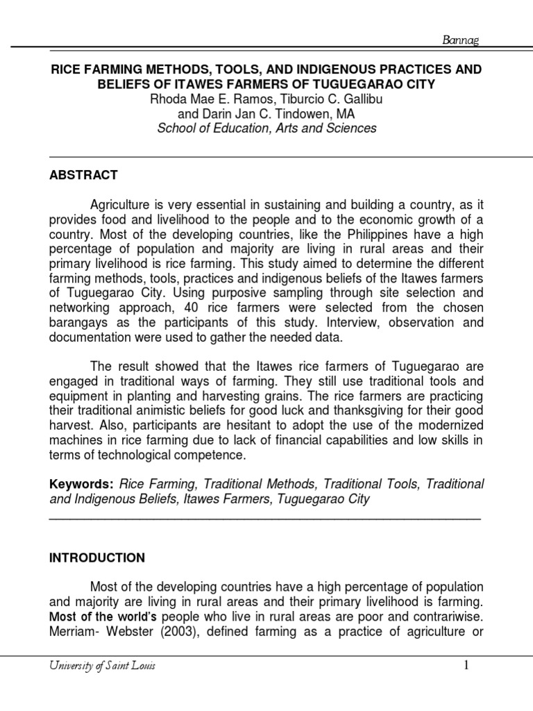 Rice Farming Methods, Tools, and Indigenous Practices and Beliefs of ...