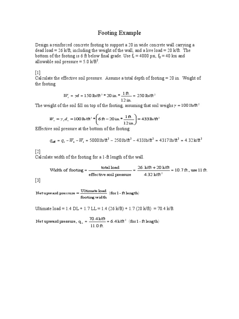 Footing Example: LB/FT 250 In. 12 Ft. 1 In. 20 LB/FT 150 D | Download ...