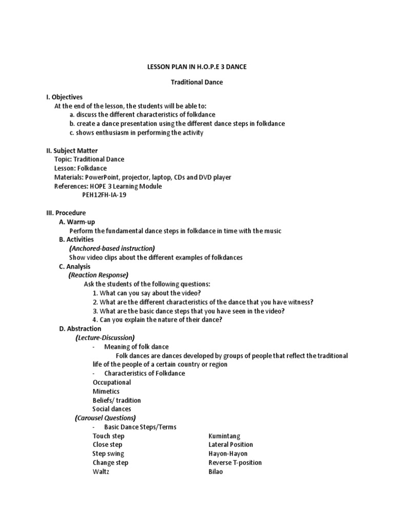 Lesson Plan in Hope 3 | Dances | Lesson Plan