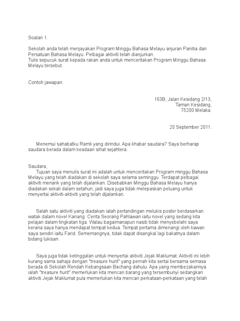 Contoh Soalan Karangan - Surat Tidak Rasmi | PDF