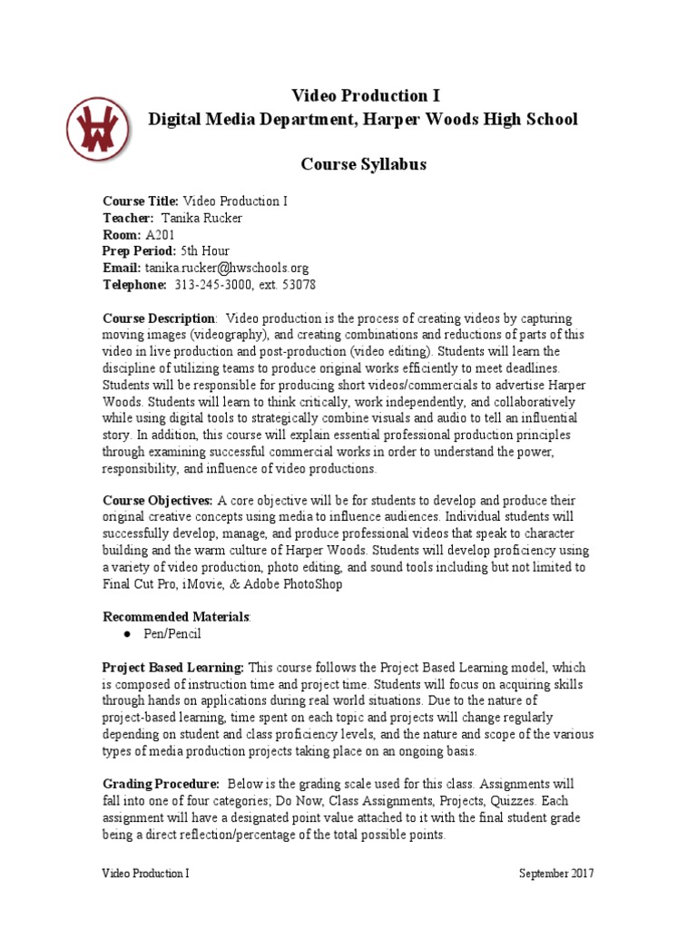Video Production I | PDF | Project Based Learning | Syllabus