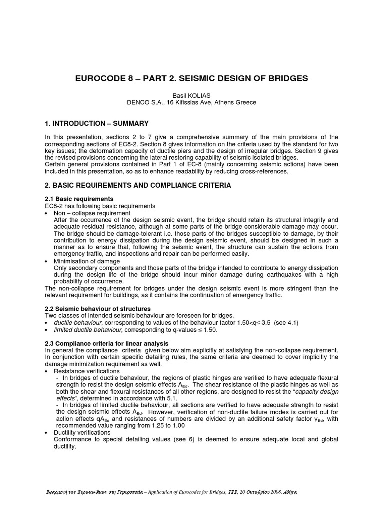Eurocode 8 - Part 2. Seismic Design of Bridges: 1. Introduction ...