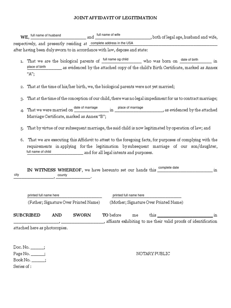 Joint Affidavit of Legitimation: Full Name of Husband Full Name of Wife ...