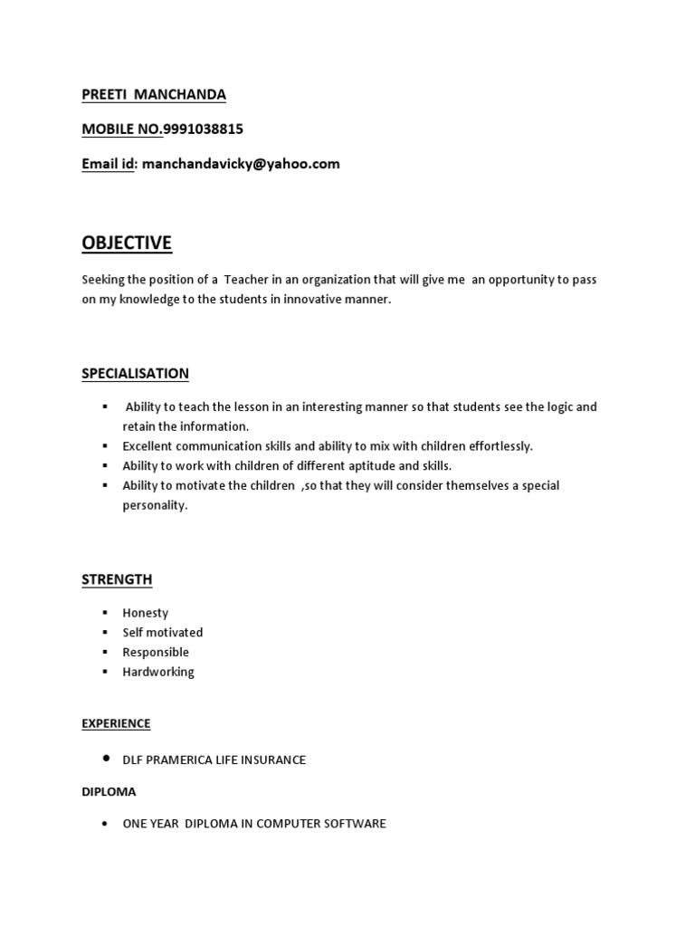 Preeti Manchanda: Teacher Resume | PDF