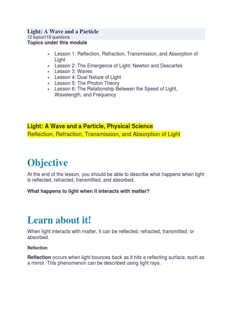 Group 4 Mark Chap 3 Light Lessons 1 To 6 | PDF | Light | Waves