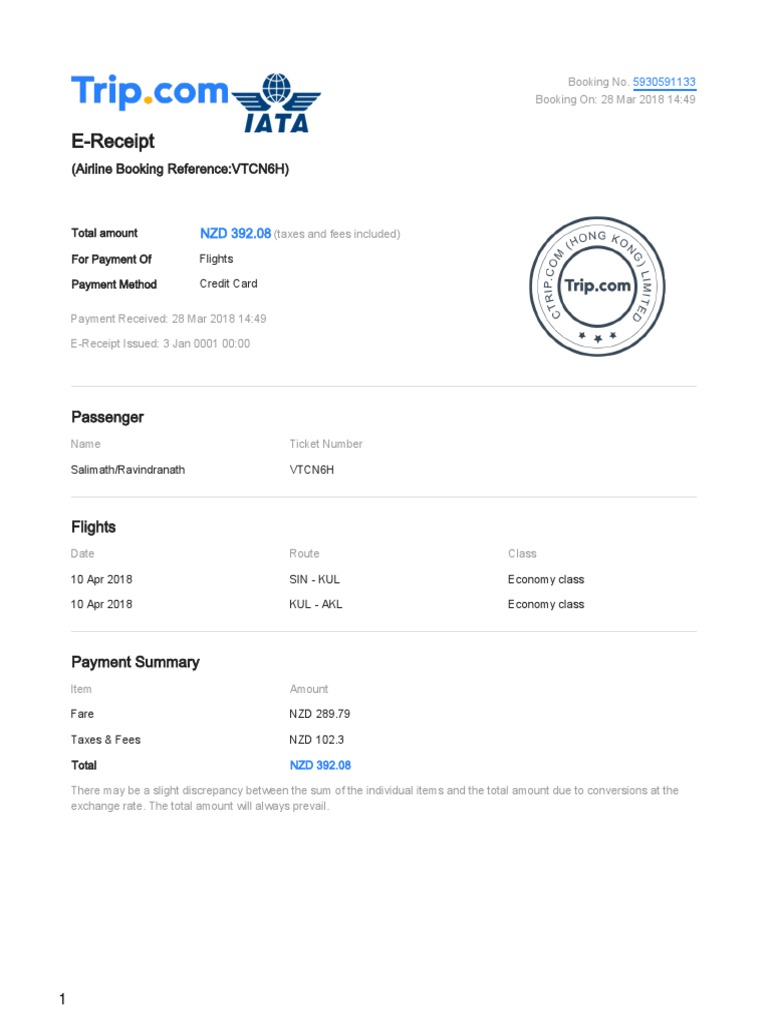 Flight Booking Receipt NZD 392.08 | PDF