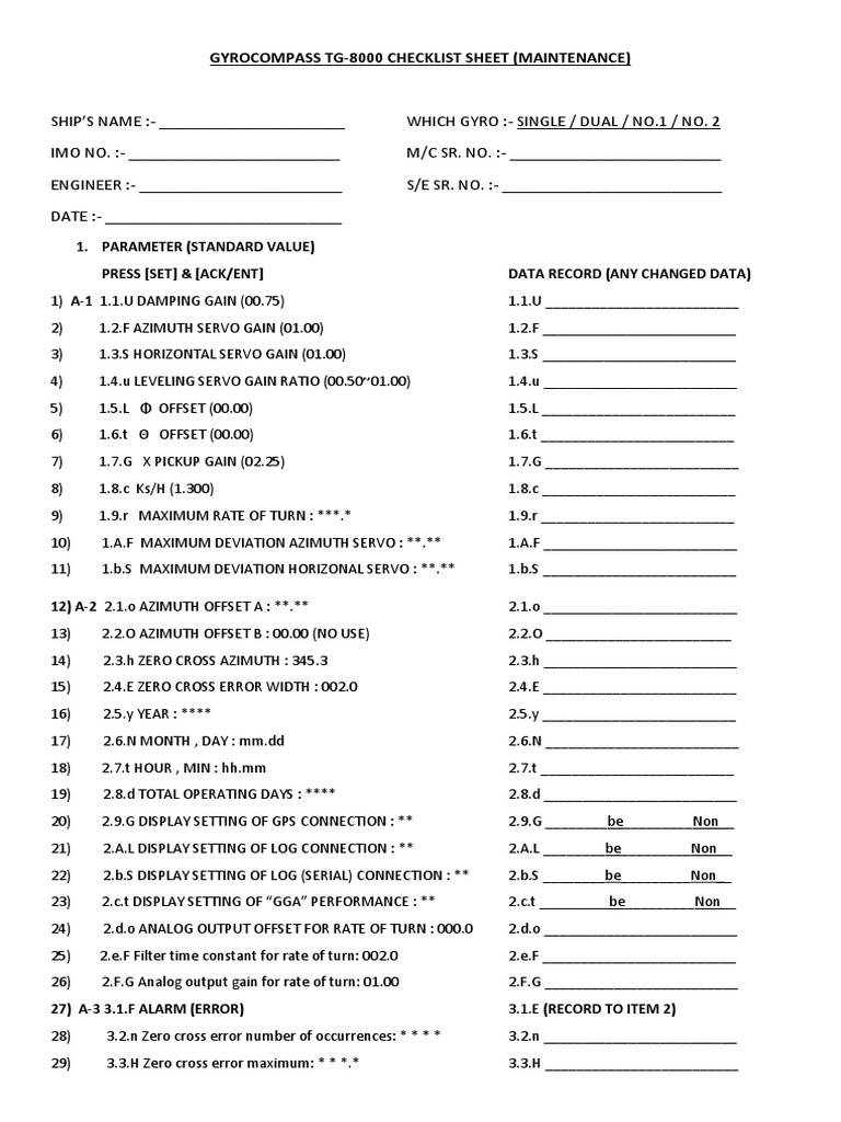 Tg-8000 Gyro Blank Checklist | PDF | Equipment | Electricity
