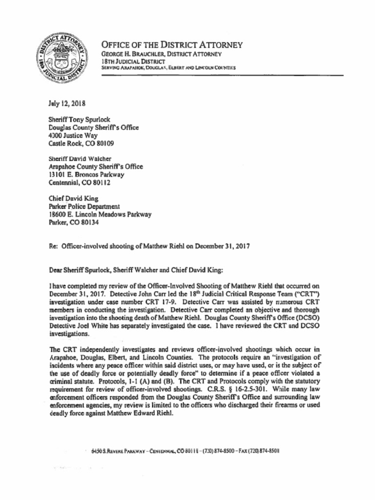 Matthew Riehl Officer-Involved Shooting Letter | PDF