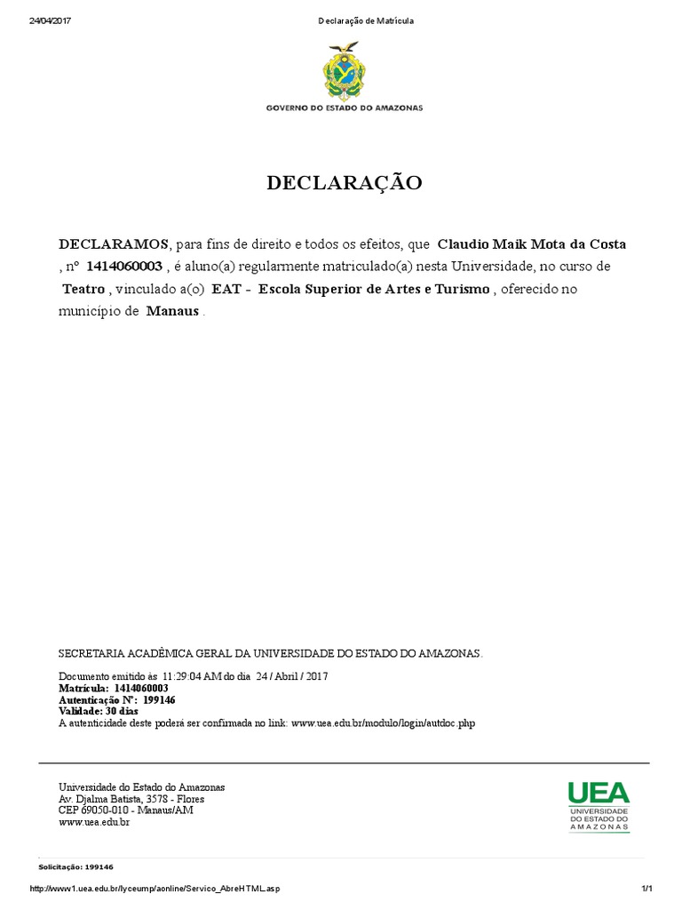 modelo de declaração de matricula