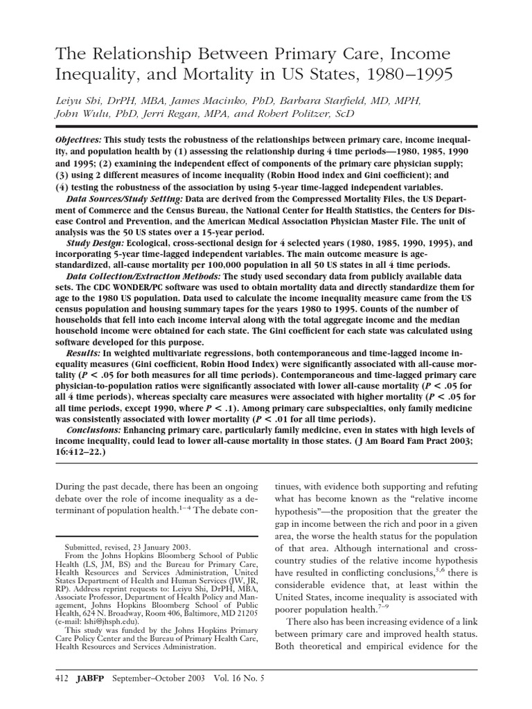 The Relationship Between Primary Care, Income Inequality, and Mortality ... The Relationship Between Primary Care, Income Inequality, and Mortality ...